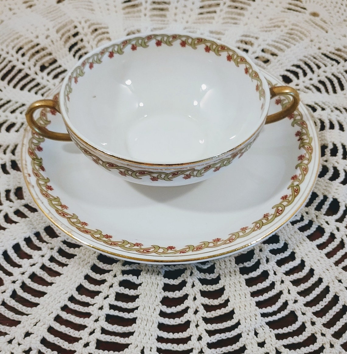 Antique Art Deco Style Pope Gosser China Double Handle Soup Bowls With ...