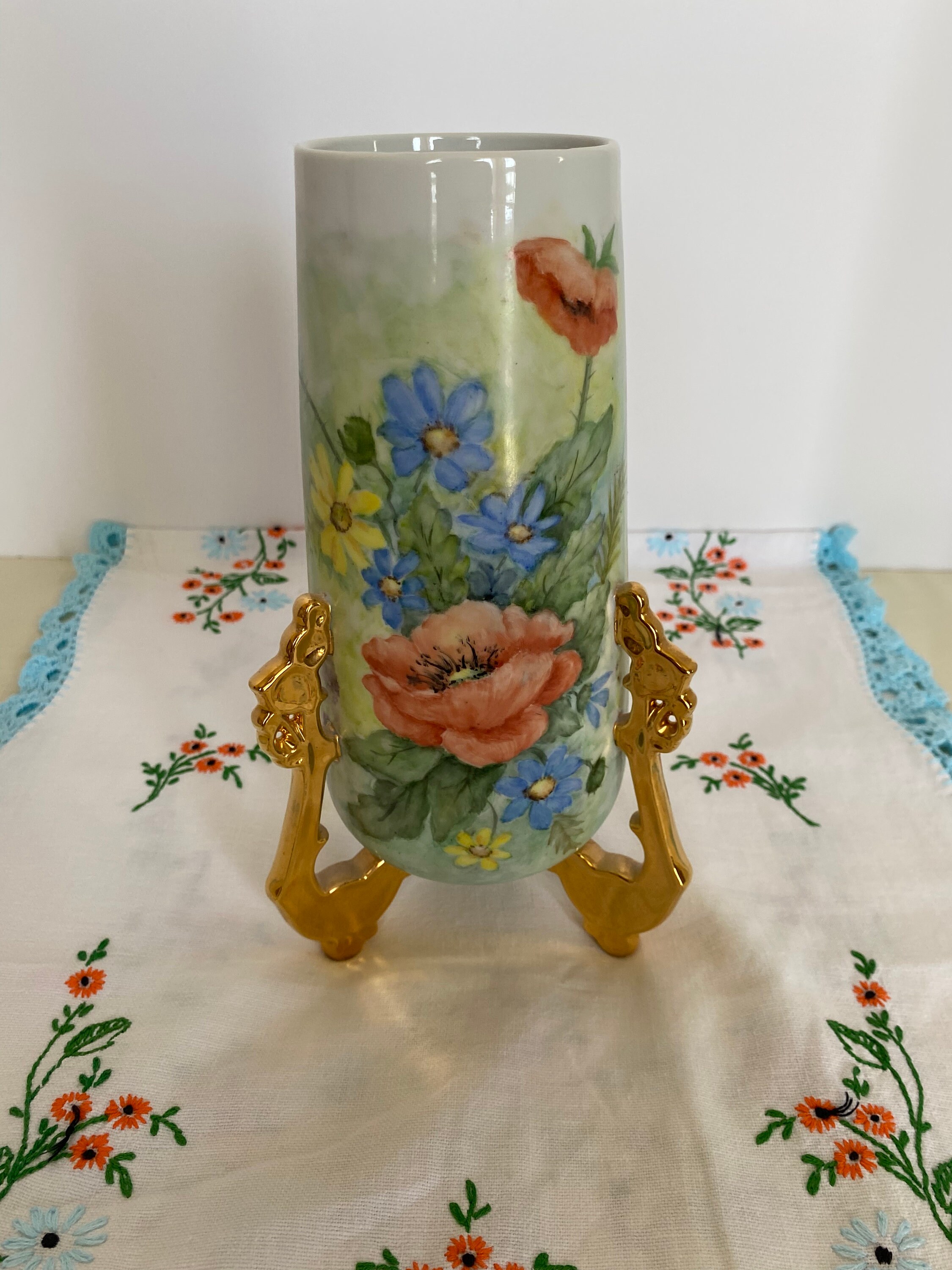 Vintage Hand Painted Tall Floral Vase With Hand Painted Gold Legs ...