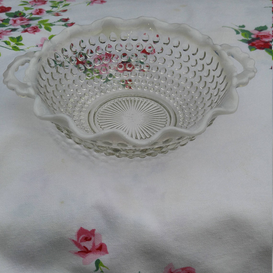 Moonstone Hobnail Opalescent Two Handle Bowl; Vintage Hobnail Glass ...