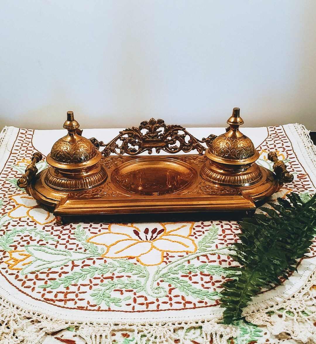 Elegant Vintage Cast Brass Double Inkwell Stand; Vintage Brass, Vintage ...