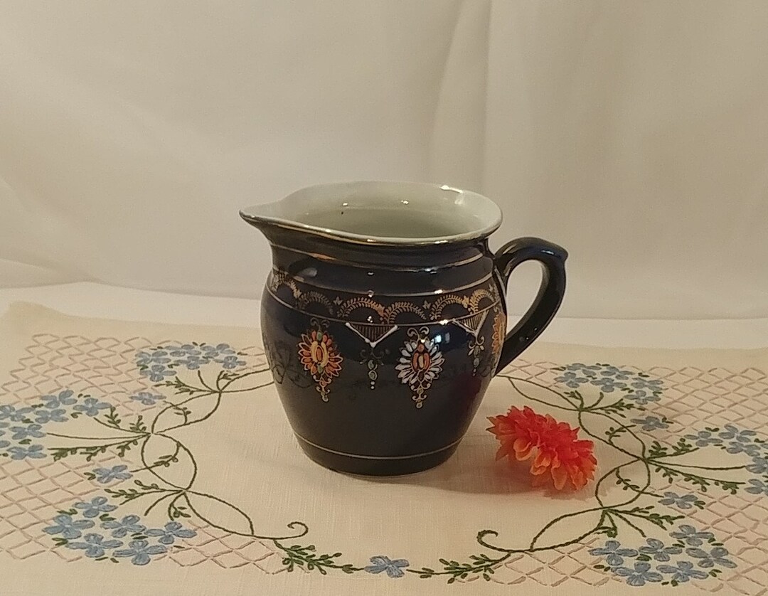 Vintage Cobalt Blue Pitcher With Moriage Details, Gold Trim, Iridescent ...