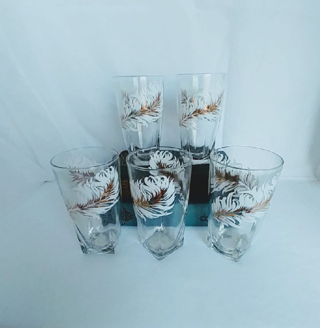 Mid Century Gold and White Feather Glass Tumblers - Set of 5; MCM, Mid ...