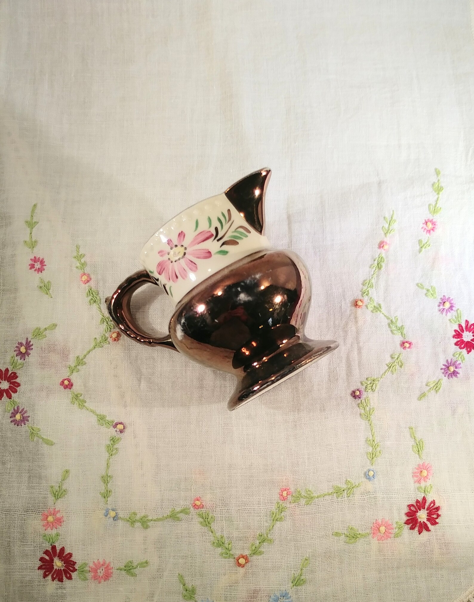 Antique English Copper Luster Pedestal Creamer Jug With Hand Painted ...