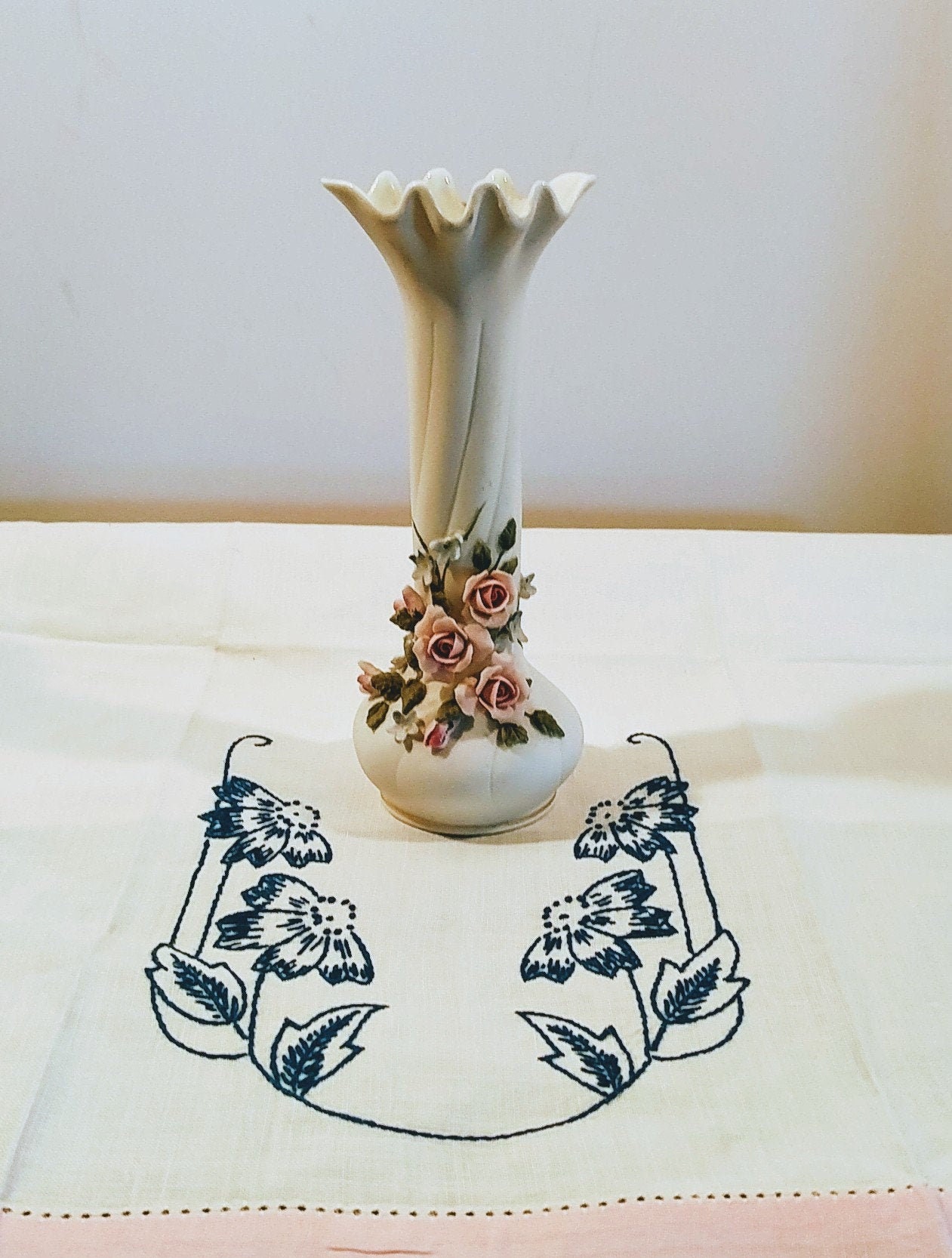 Lefton Applied Pink Roses and Blue Flowers Ruffled Rim Vase - Etsy