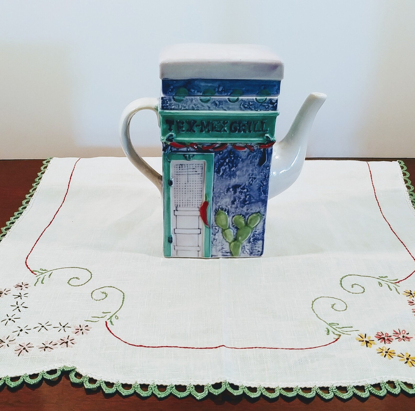Fun Main Street Store Front Double Sided Teapot - Tex Mex Grill - Boots ...