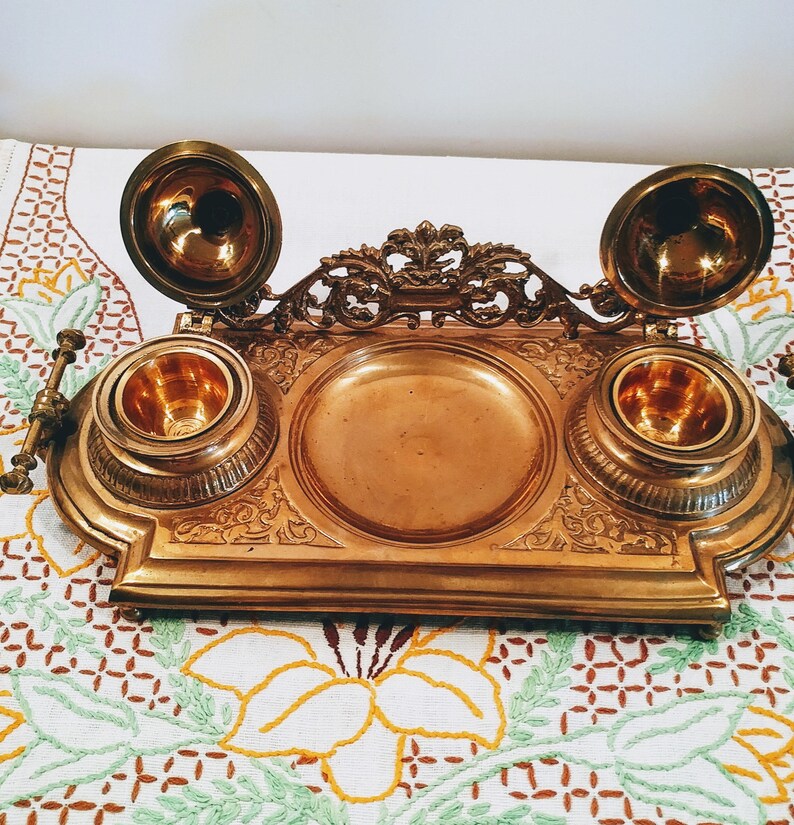 Elegant Vintage Cast Brass Double Inkwell Stand Vintage | Etsy