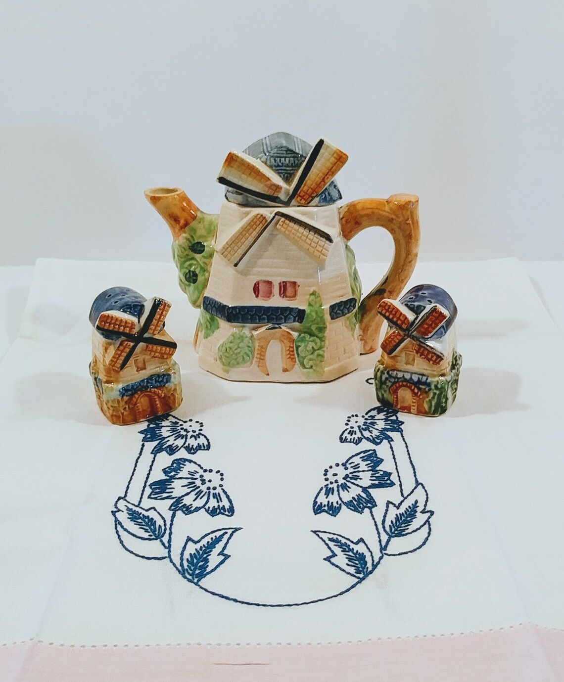 Vintage Dutch Windmill Tea Set - Personal Size Teapot, Salt and Pepper ...