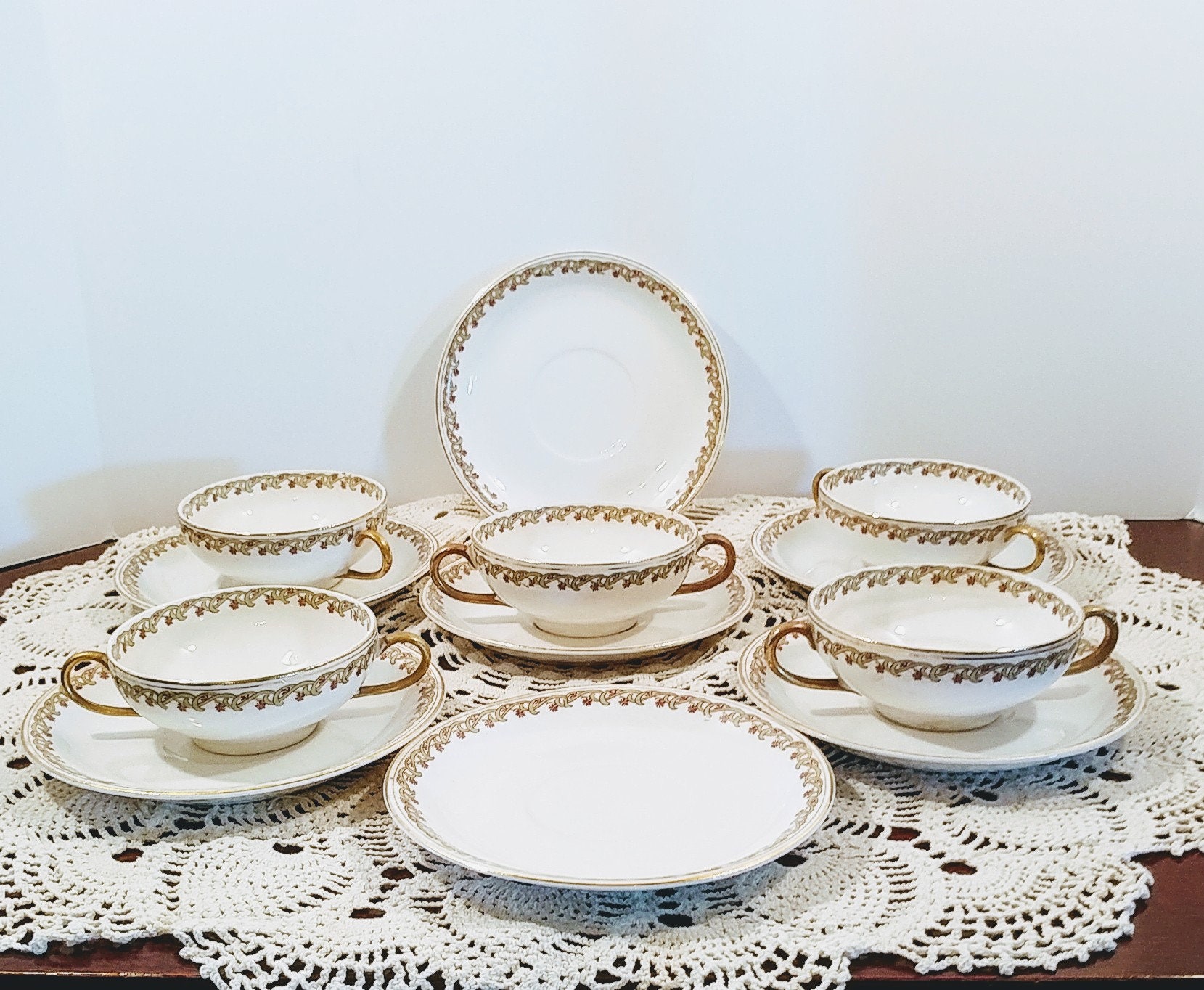 Antique Art Deco Style Pope Gosser China Double Handle Soup Bowls With ...