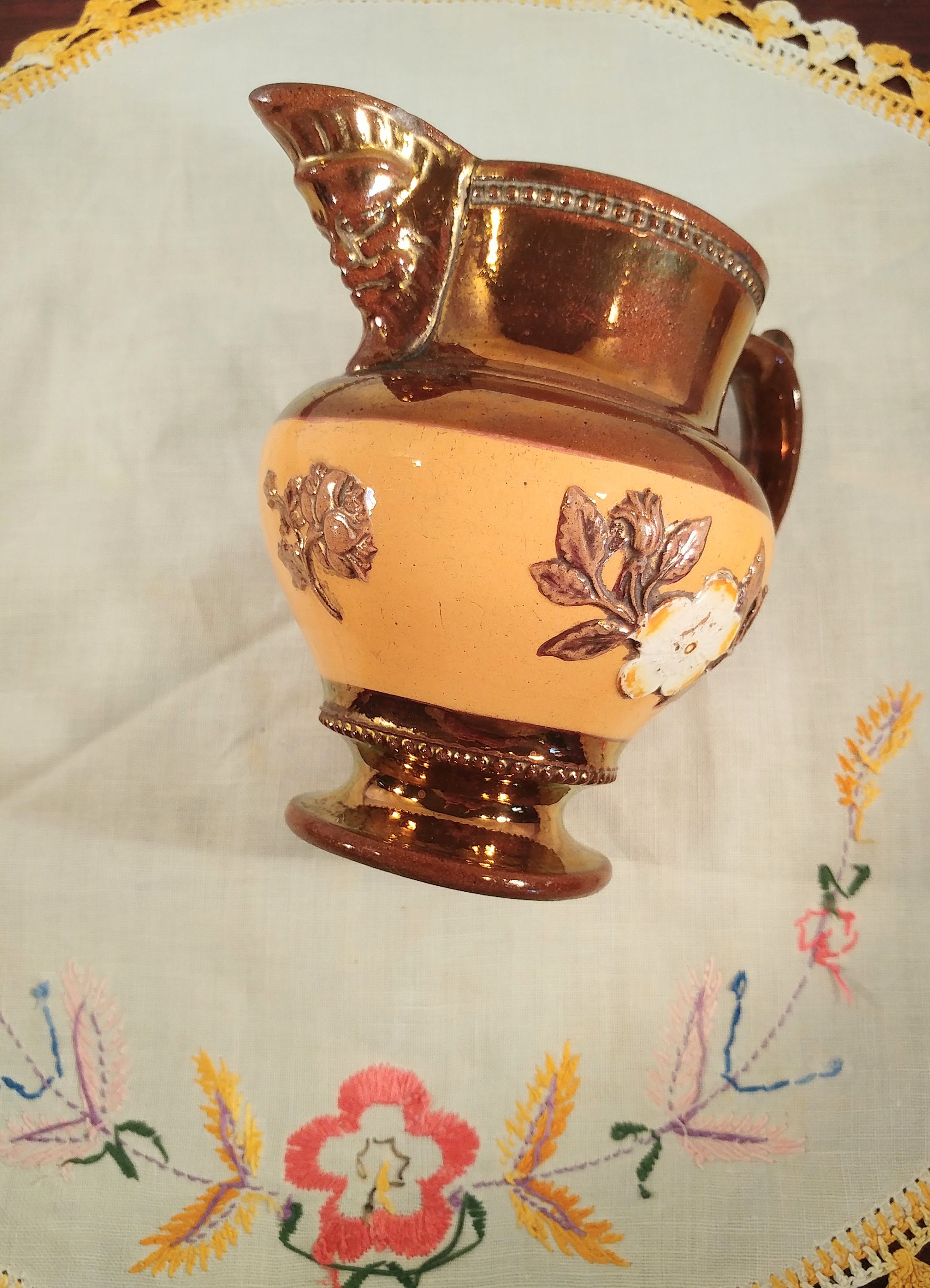 Large Antique Copper Luster Pitcher Jug With Raised Embossed - Etsy