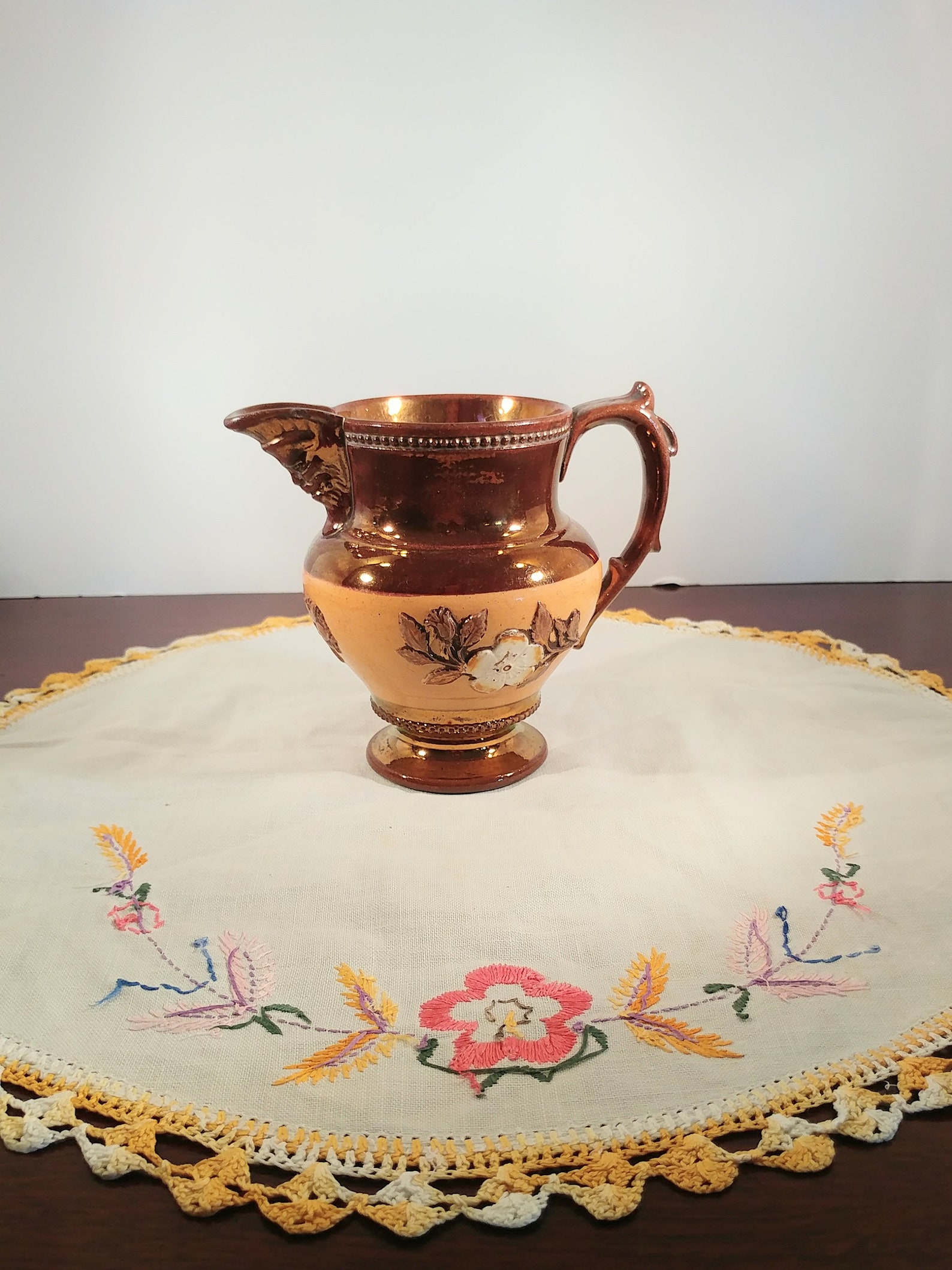 Large Antique Copper Luster Pitcher Jug With Raised Embossed - Etsy
