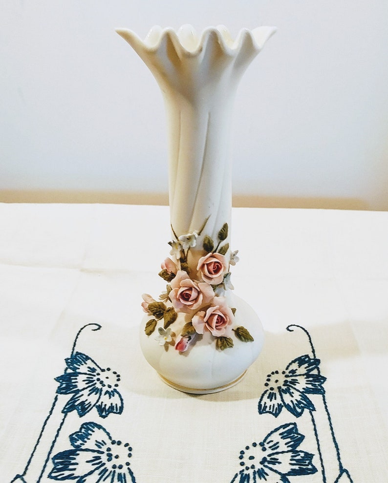 Lefton Applied Pink Roses and Blue Flowers Ruffled Rim Vase - Etsy