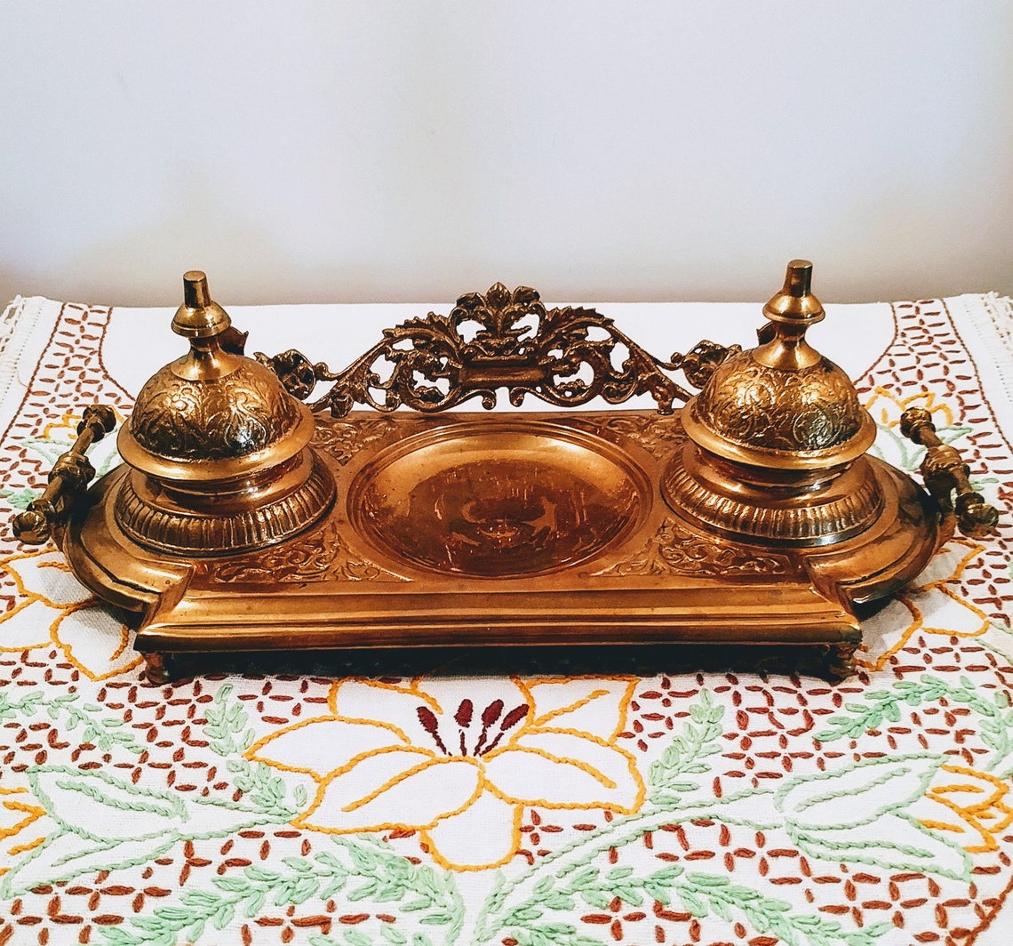 Elegant Vintage Cast Brass Double Inkwell Stand Vintage - Etsy