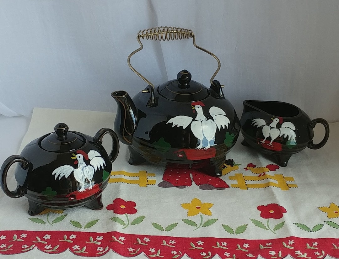 Jaunty Crowing Rooster Hand Painted Brown Betty Tea Set - Teapot ...