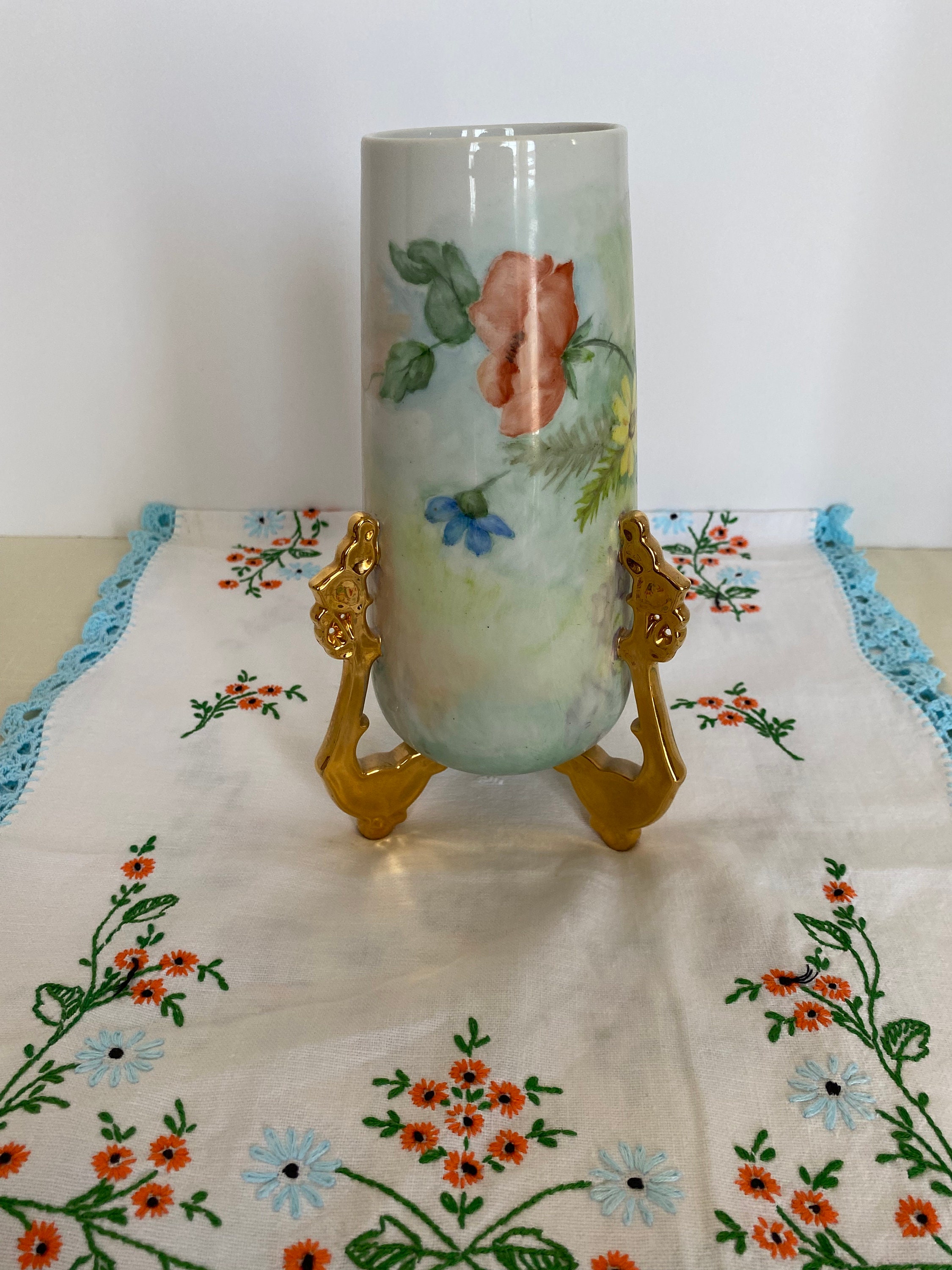 Vintage Hand Painted Tall Floral Vase With Hand Painted Gold Legs ...