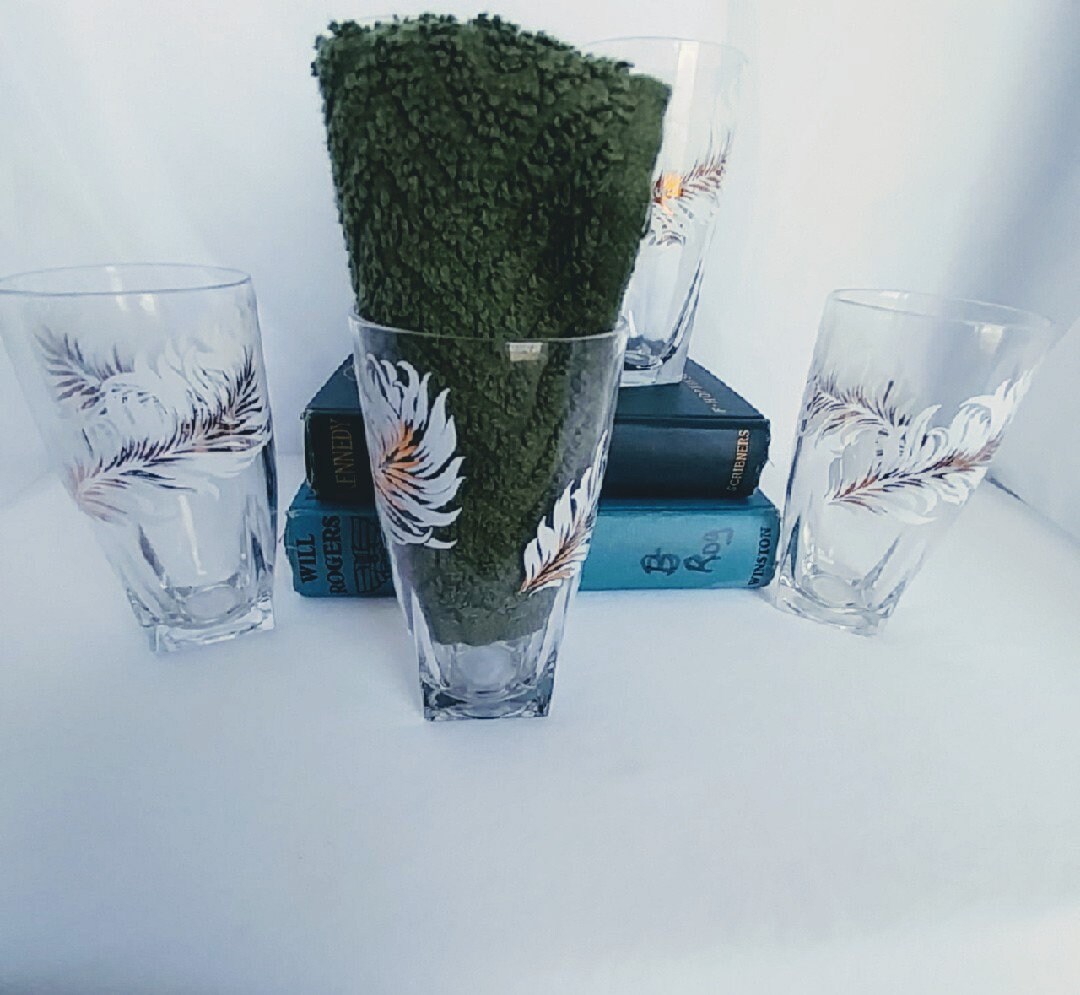 Mid Century Gold and White Feather Glass Tumblers - Set of 5; MCM, Mid ...