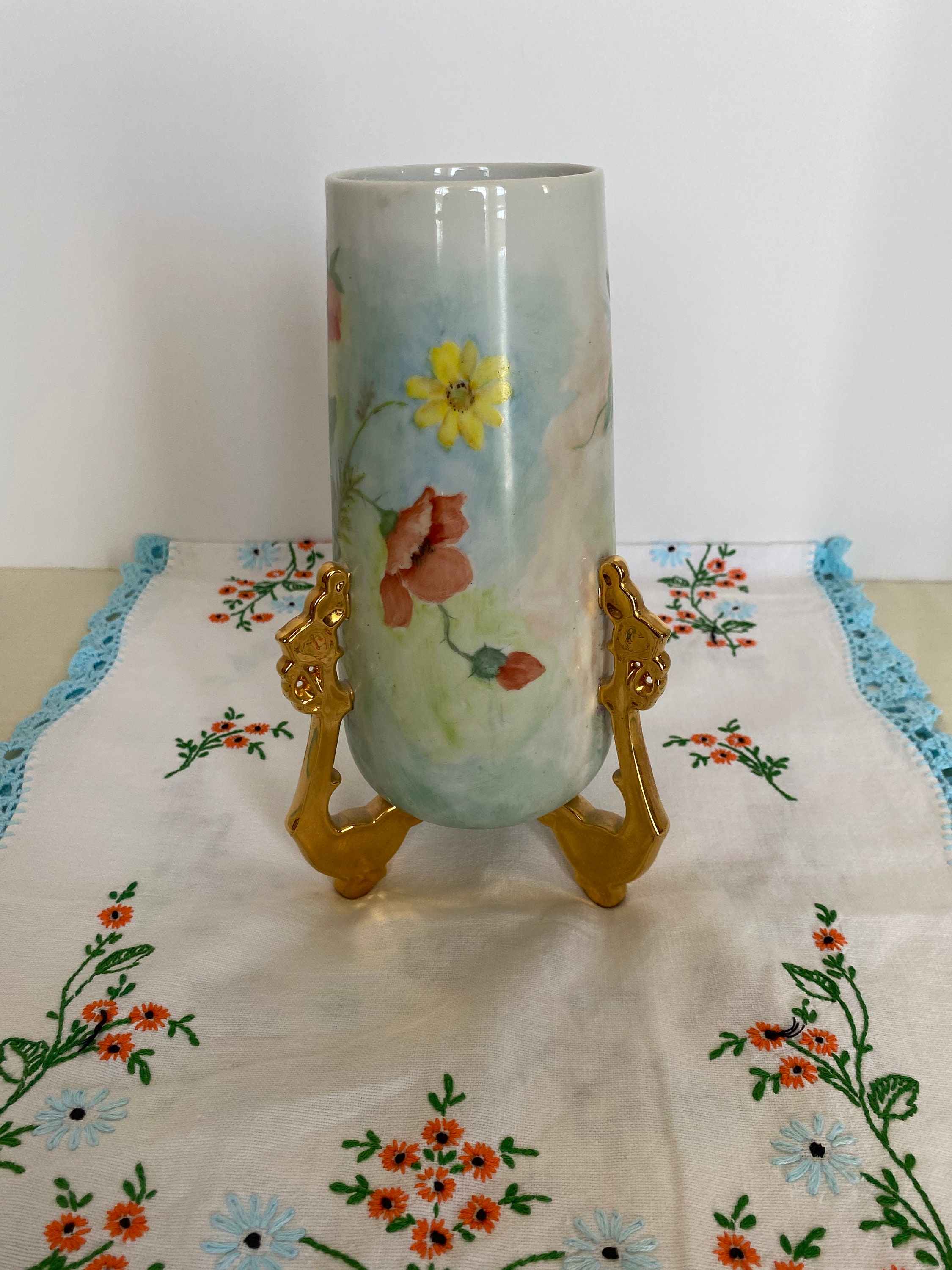 Vintage Hand Painted Tall Floral Vase With Hand Painted Gold Legs ...