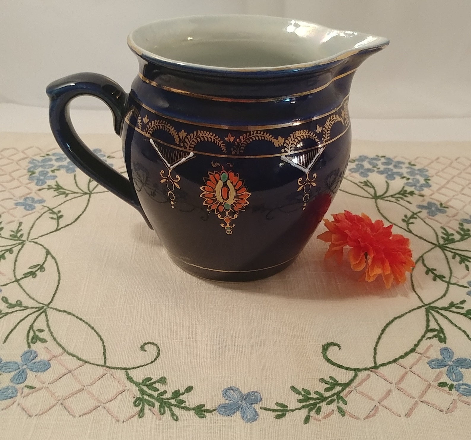 Vintage Cobalt Blue Pitcher With Moriage Details Gold Trim - Etsy