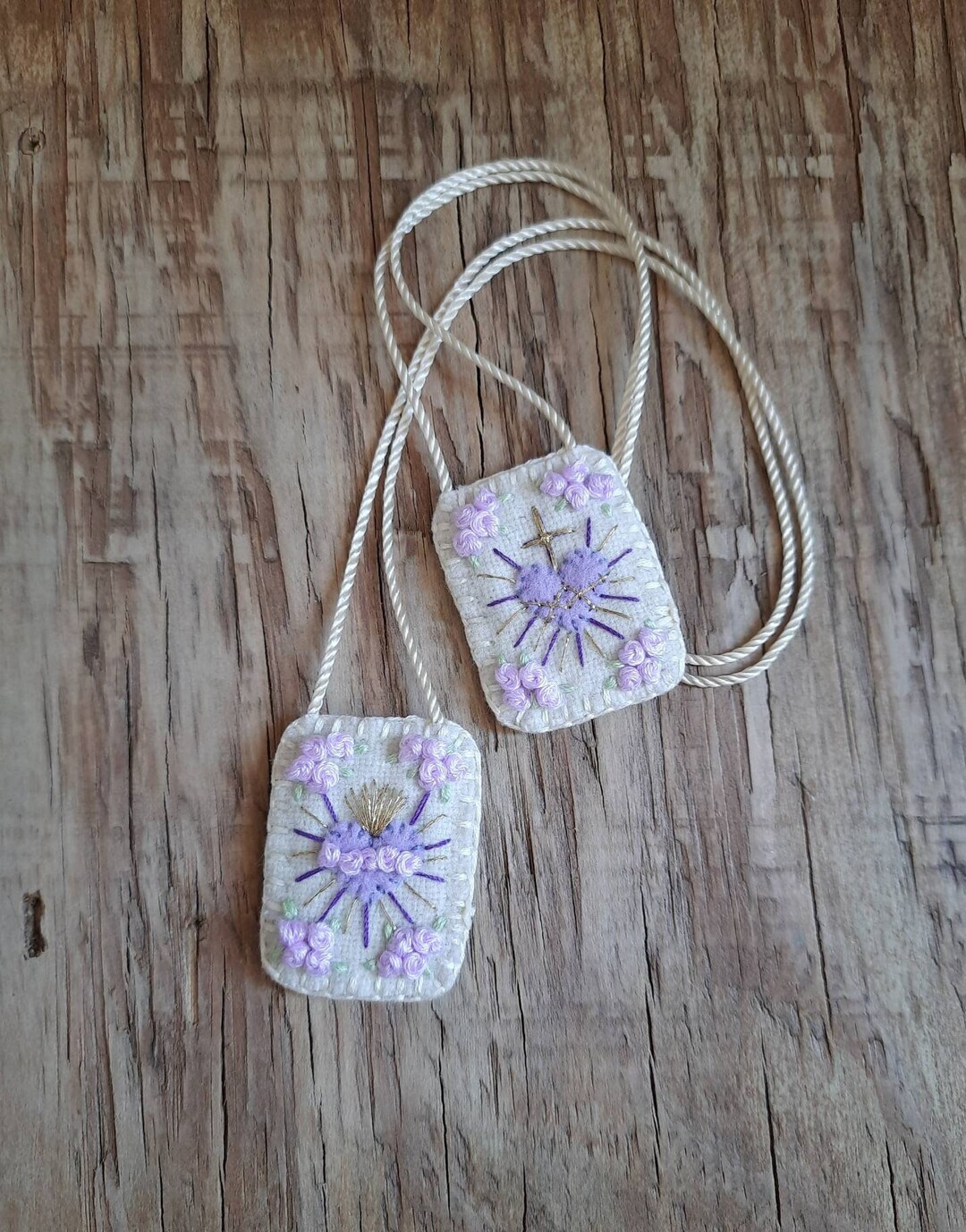 Wool Scapular With Lilac Flowers, Natural Wool, Sacred Heart, Gift for ...
