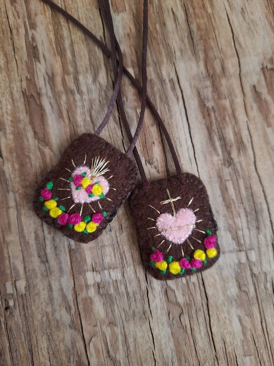 Handmade Scapular, Embroidered Scapular, Brown Scapular, Sacred Hearts ...