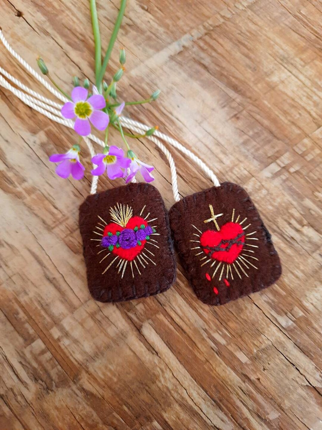 Brown Embroidered Scapular, Catholic Devotional, Sacred Hearts ...