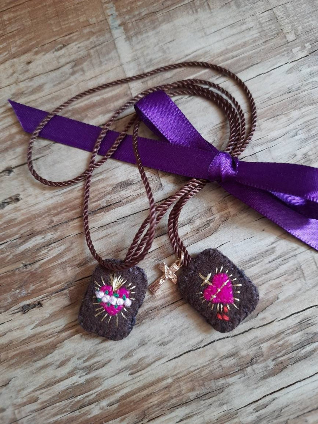 Mini Brown Scapular Embroidered in Wool With Sacred Hearts, Tiny Cross ...