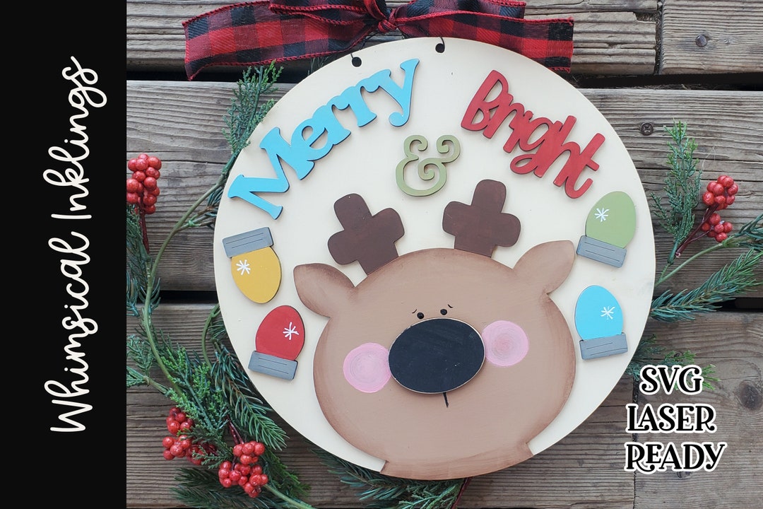 Merry and Bright Reindeer Sign SVG| Laser Cut Reindeer Sign| Glowforge ...