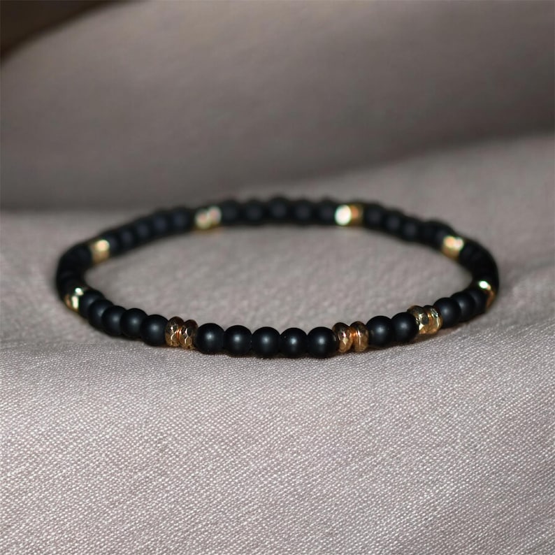 4mm Matte Black Onyx Bracelet | Unisex Minimalist 4mm Beaded Gift for ...