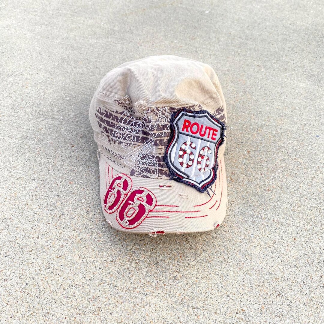 Route 66 Vintage Y2k 2000s Tan Strap Back Hat Embellished Rhinestone ...