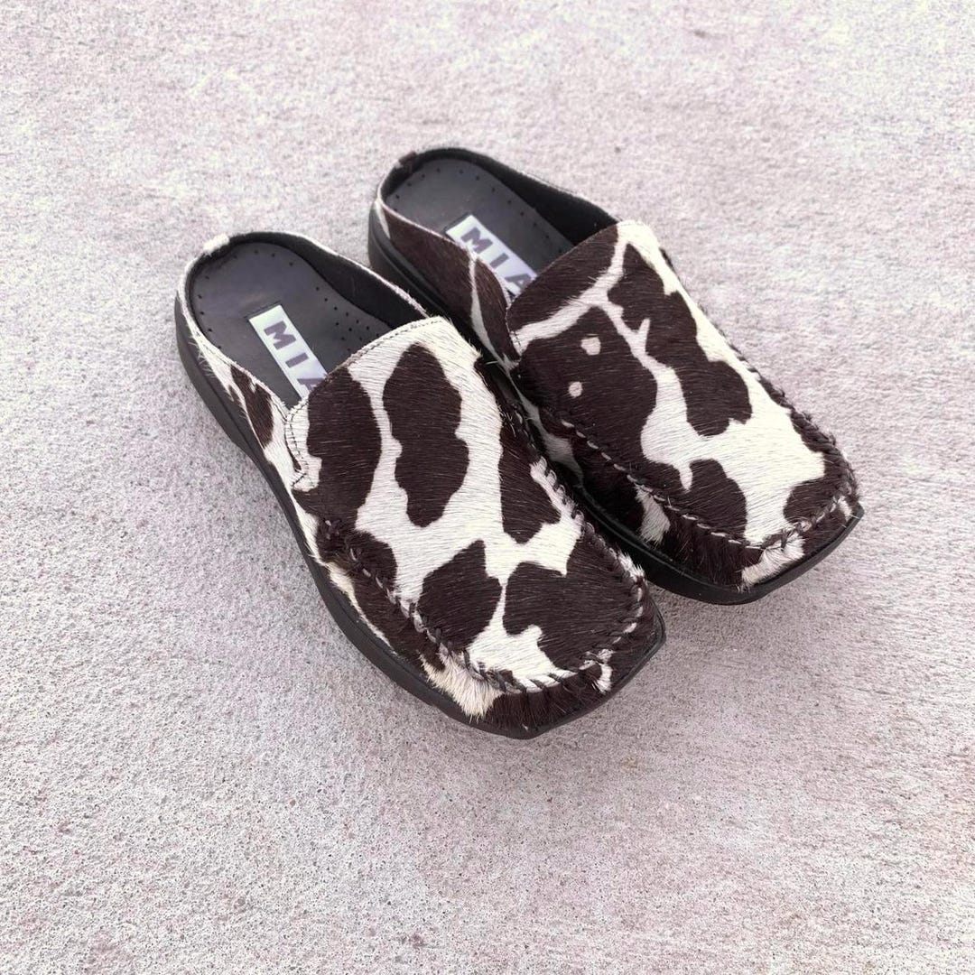 MIA Made in Brazil Leather Slip on Mules Brown White Cow Print Size 7 ...