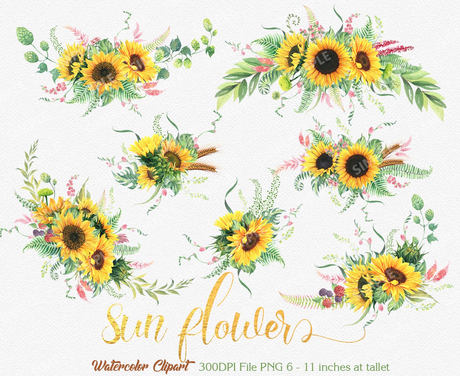 Sunflower Watercolor Flower Clipart,wreaths and Bouquets Invitation ...