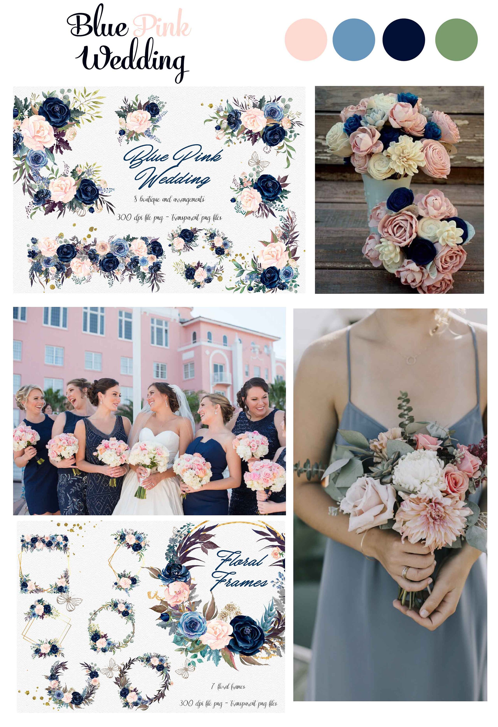 Dusty Blue Pink Flower Clipart,dusty Blue Floral Wedding Invitation ...