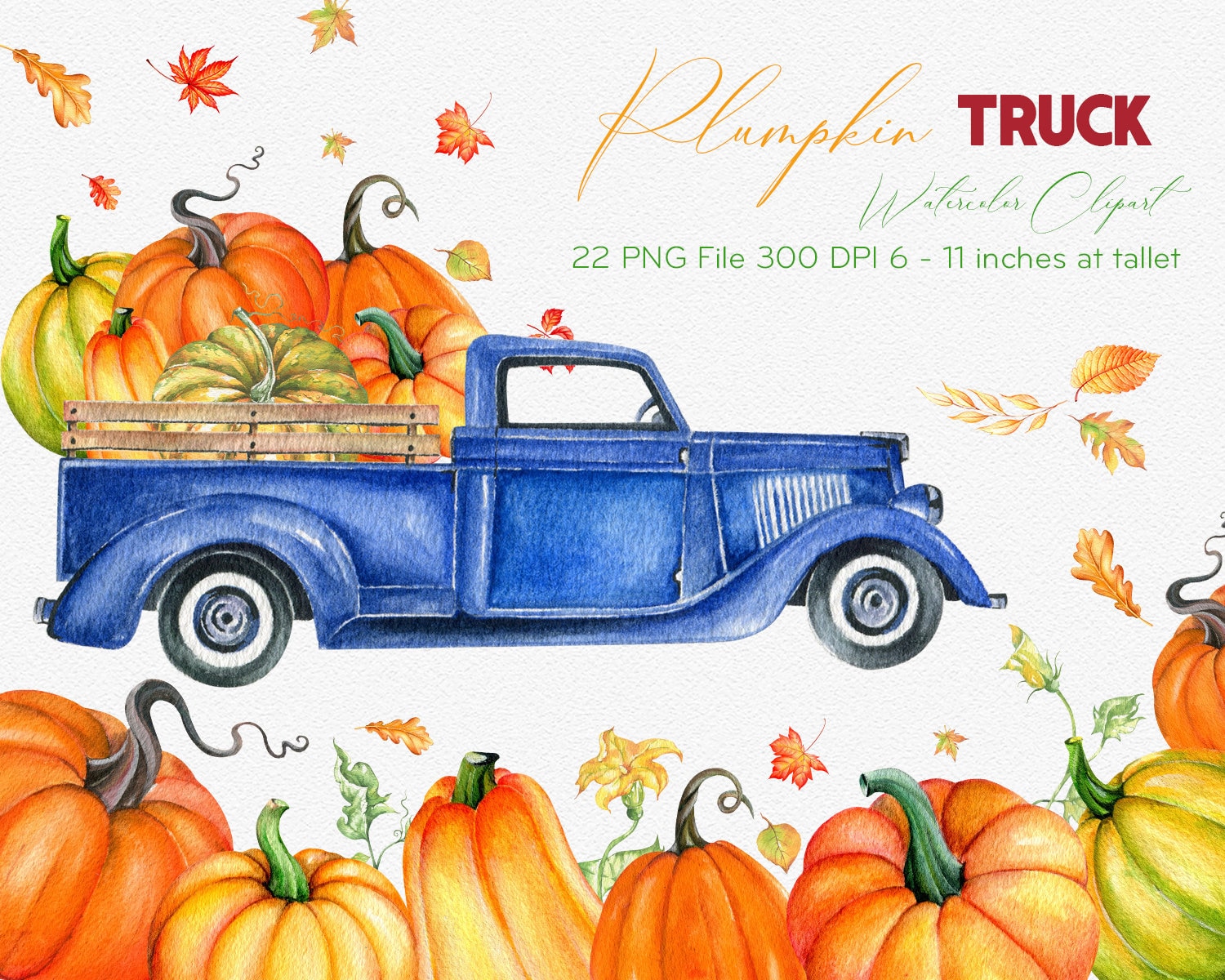 Pumpkins Watercolor Clipart,red Truck With Pumpkins,pumpkins Halloween ...