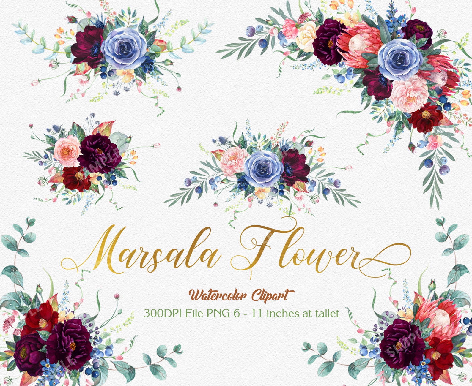 Marsala Flower Clipart,marsala Watercolor Flowers,boho Bordo Watercolor ...