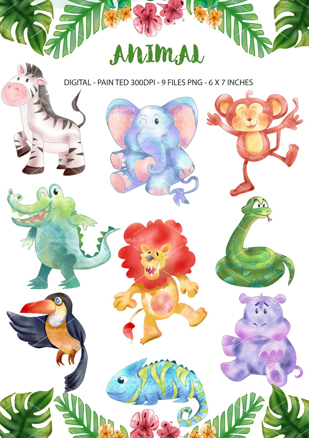 Watercolor Jungle Animal Clipart Illustrations,watercolor Elephant,lion ...