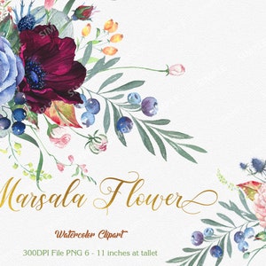 Marsala Flower Clipart,marsala Watercolor Flowers,boho Bordo Watercolor ...
