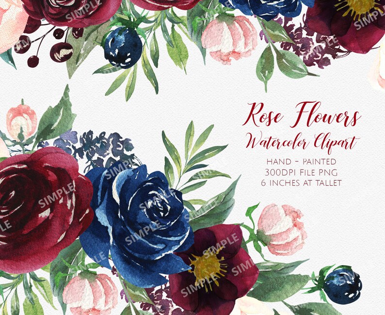 Marsala Flower Clipart,marsala Navy Watercolor Flowers,boho Bordo ...
