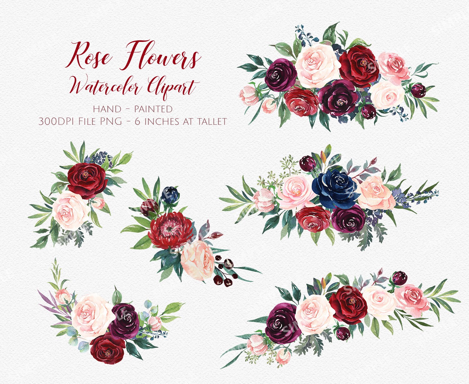 Marsala Flower Clipart,marsala Navy Watercolor Flowers,boho Bordo ...