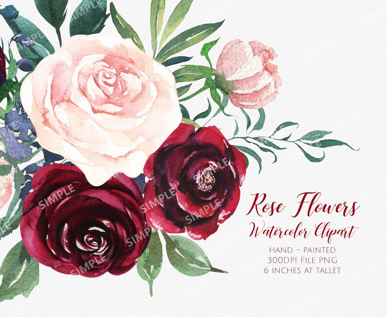 Marsala Flower Clipart,marsala Navy Watercolor Flowers,boho Bordo ...