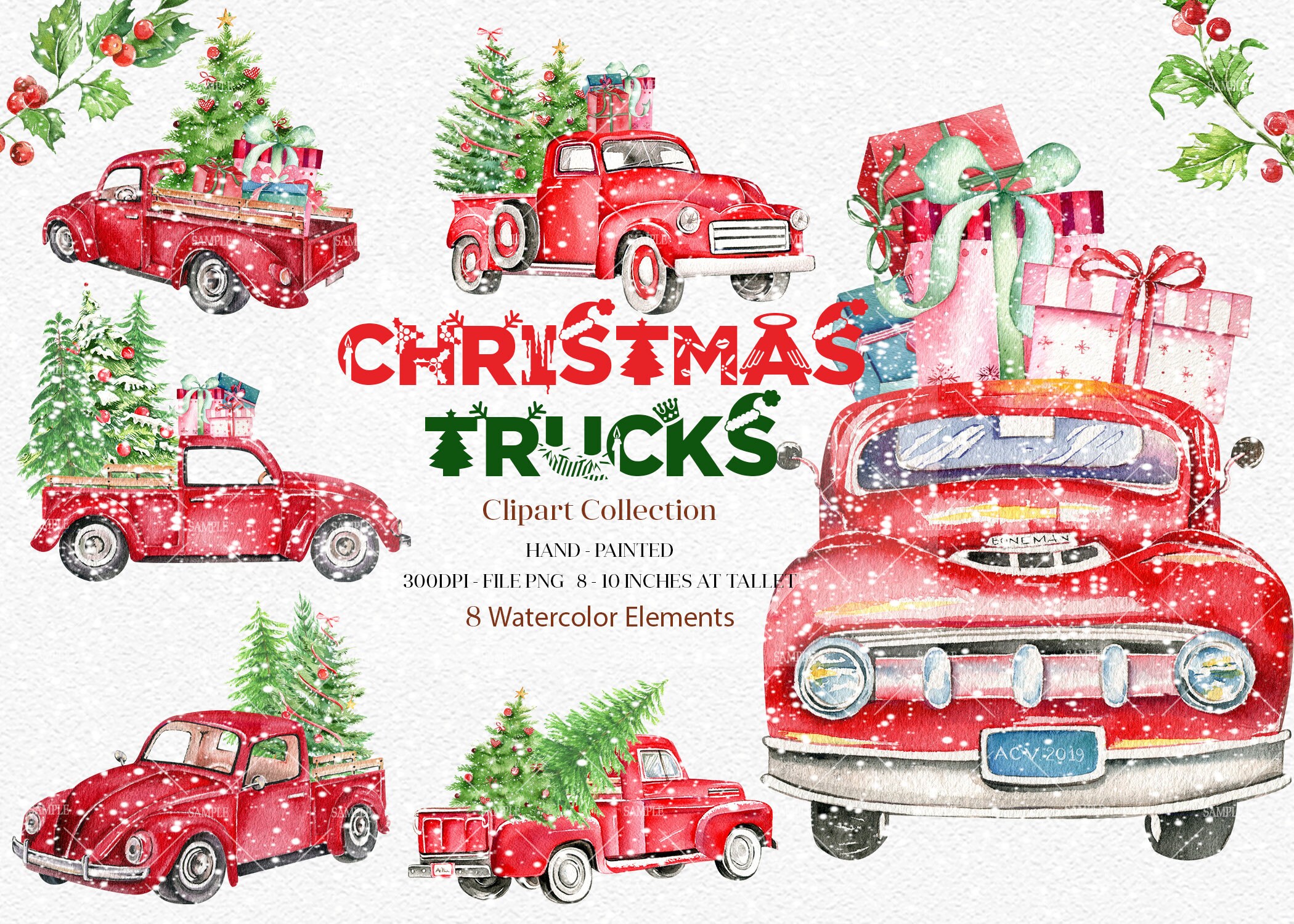 Watercolor Christmas Truck,christmas Truck Decal,watercolor Holiday ...