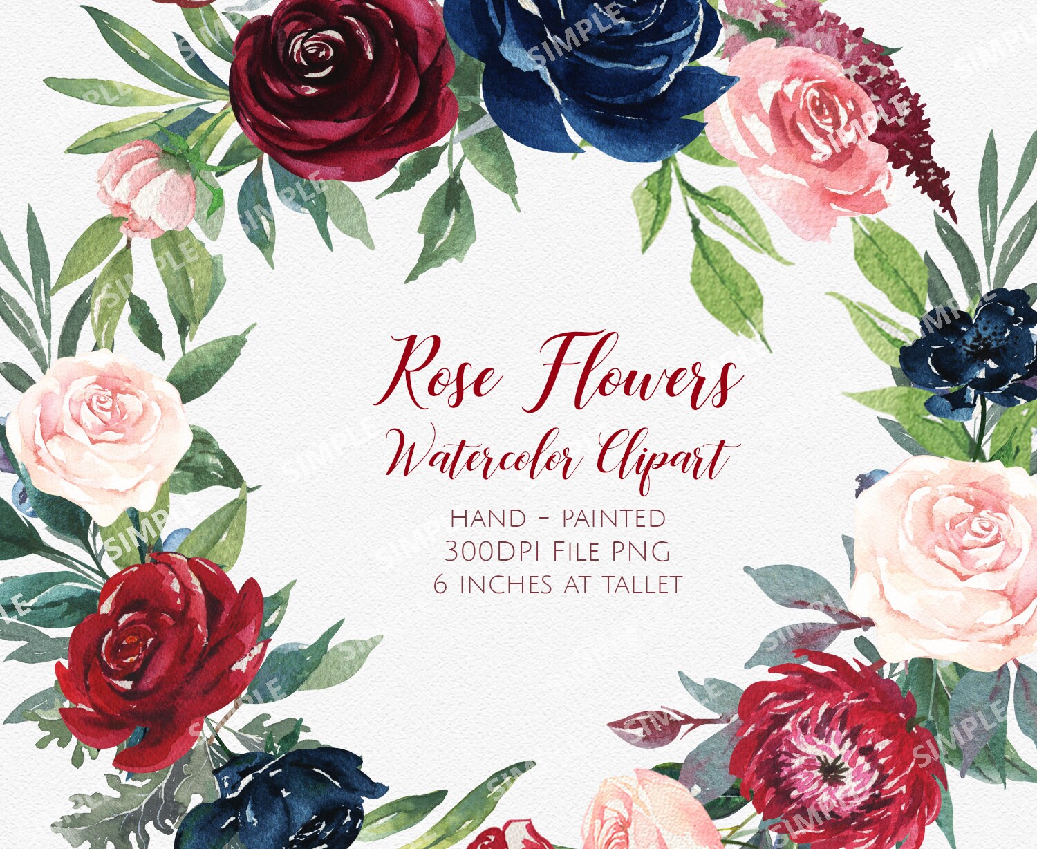 Marsala Flower Clipart,marsala Navy Watercolor Flowers,boho Bordo ...