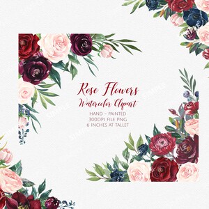 Marsala Flower Clipart,marsala Navy Watercolor Flowers,boho Bordo ...