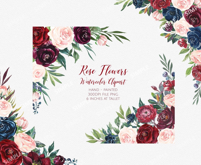 Marsala Flower Clipart,marsala Navy Watercolor Flowers,boho Bordo ...