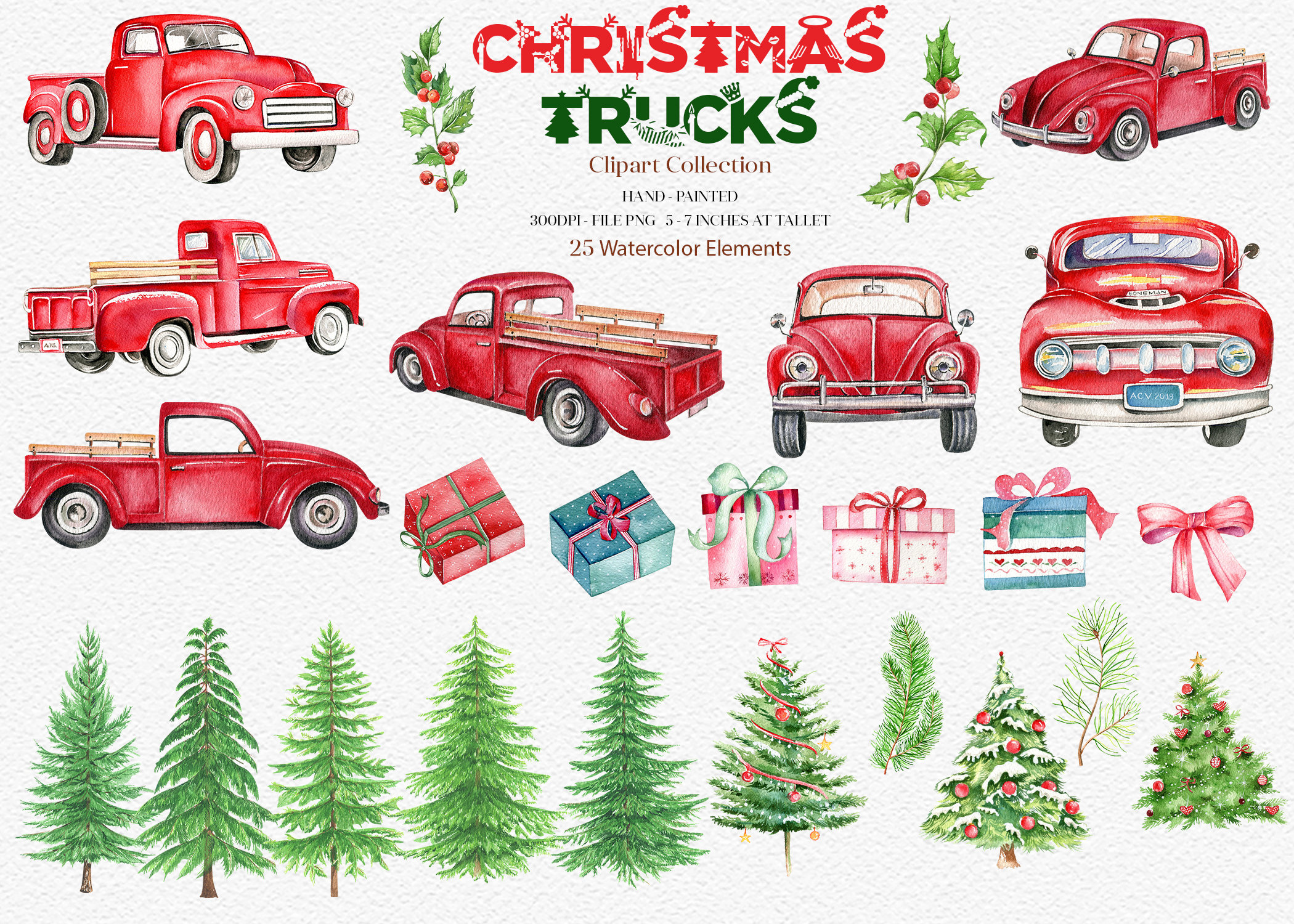 Watercolor Christmas Truck,christmas Truck Decal,watercolor Holiday ...