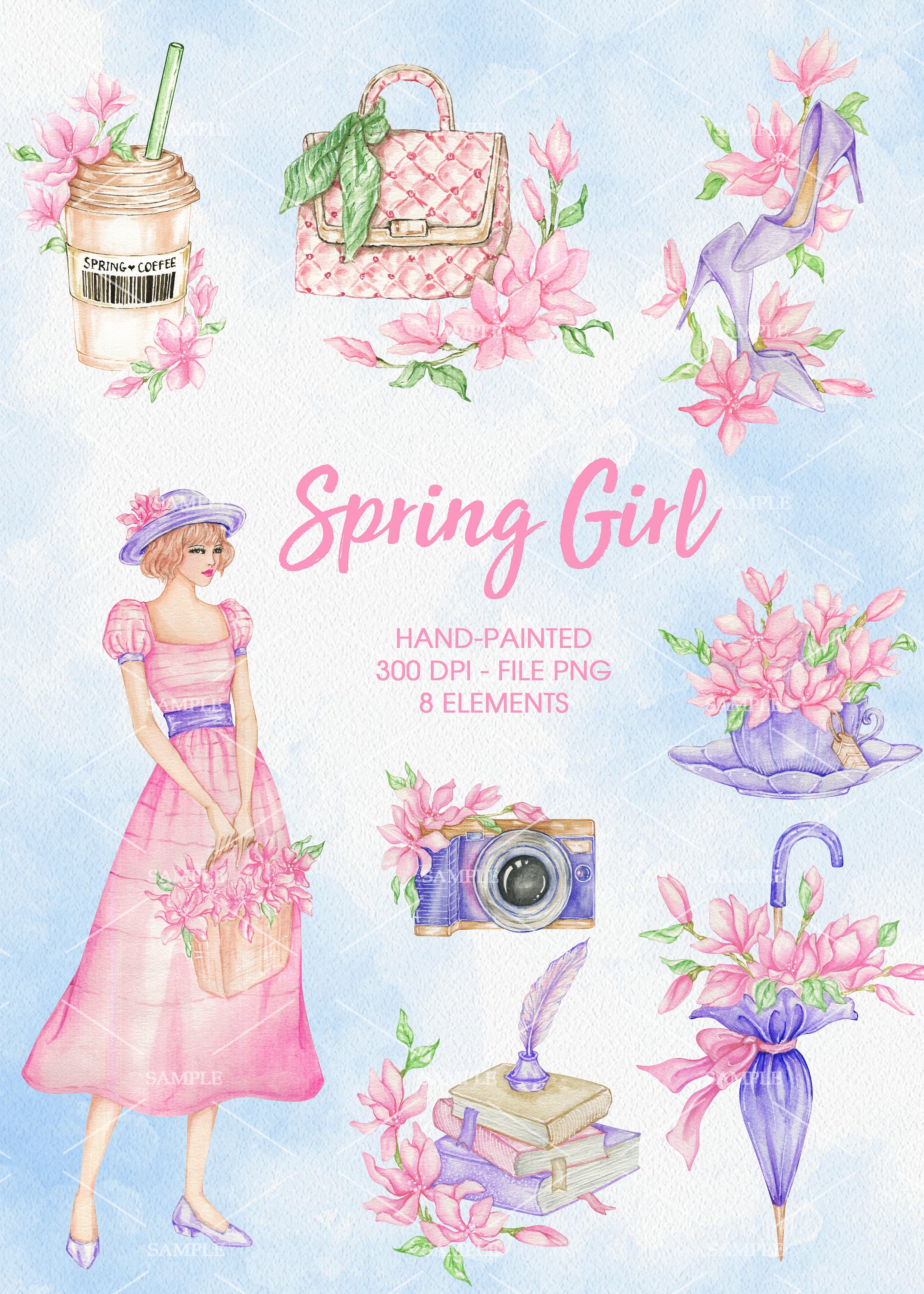 Sping Girlswatercolor Spring Clipart Set With Flowermagnolia - Etsy