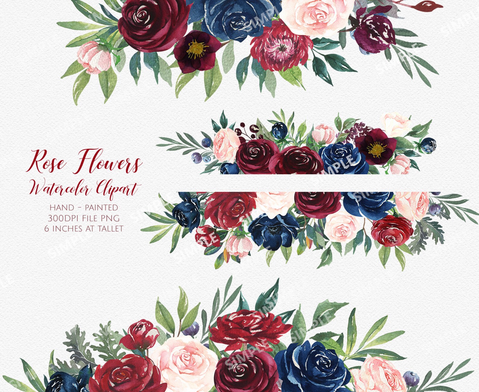 Marsala Flower Clipart,marsala Navy Watercolor Flowers,boho Bordo ...