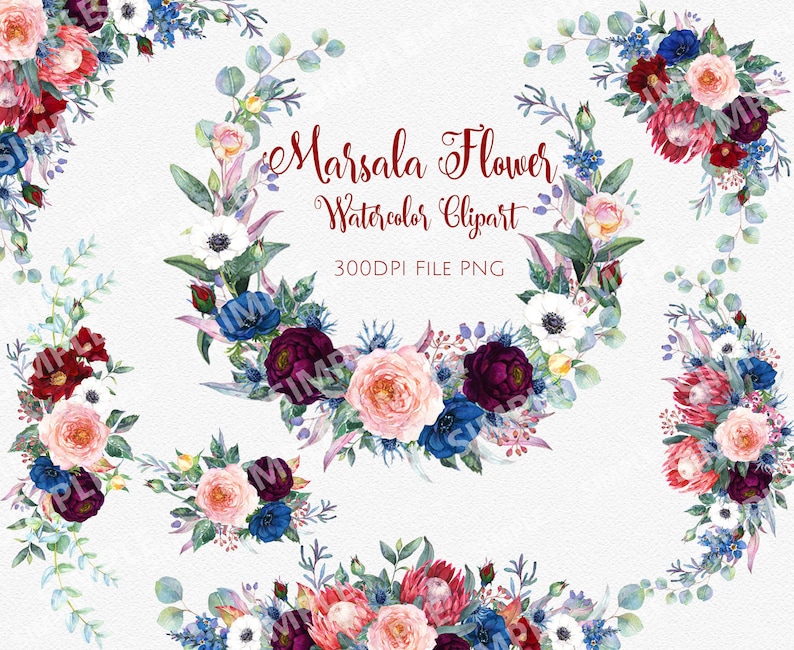 Marsala Flower Clipart,marsala Watercolor Flowers,boho Bordo Watercolor ...