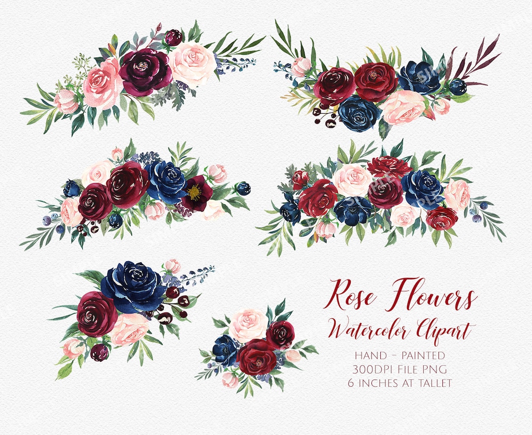 Marsala Flower Clipart,marsala Navy Watercolor Flowers,boho Bordo ...