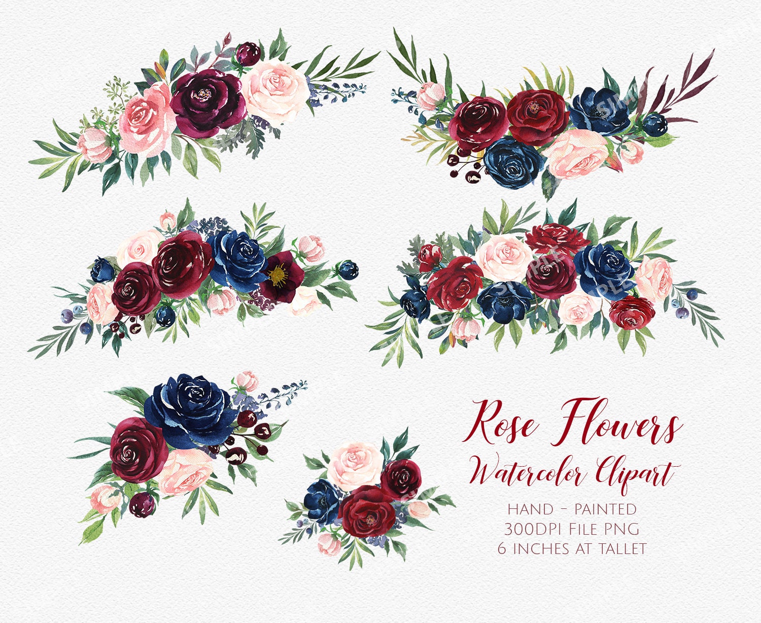 Marsala Flower Clipart,marsala Navy Watercolor Flowers,boho Bordo ...