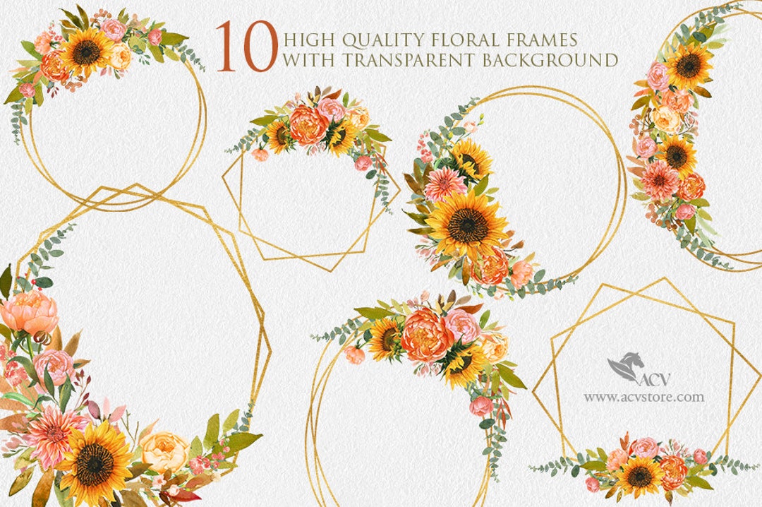 Frame Gold Watercolor Autumn Flower Gold Clipart,,boutique Sunflower ...