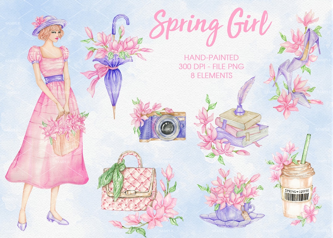 Sping Girls,watercolor Spring Clipart Set With Flower,magnolia Flower ...